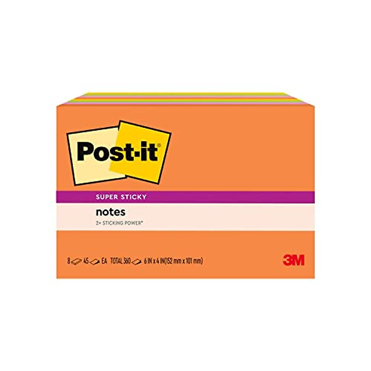 Post-it Super Sticky Notes,6x4 in, 8 Pads, 2x the Sticking Power, Energy Boost Collection, Recyclable (622-8SSMIA) , 1 7/8" x 1 7/8" , Assorted
