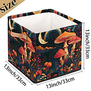 Mardesigns Mushroom Cube Storage Bins 13 x 13 x 13 Inch Botanical Floral Moon Fabric Foldable Storage Cubes Basket Boxes with PU Handles for Shelves Closet Bedroom Organizer Clothes