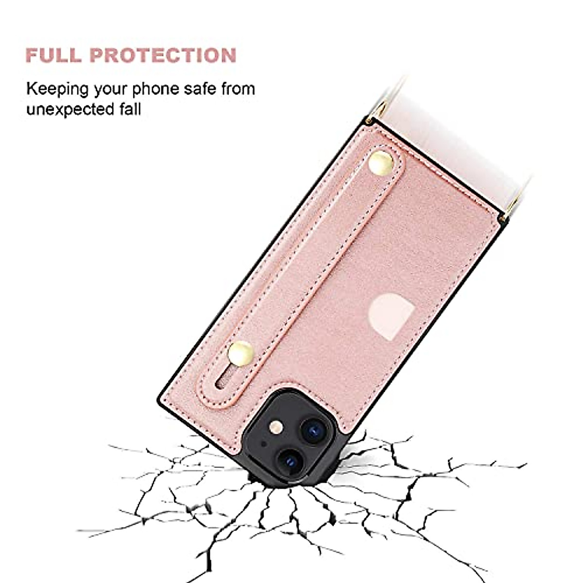 KIHUWEY Compatible with iPhone 12 iPhone 12 Pro Crossbody Wallet Case with Credit Card Holder, Protective Kickstand Cover Case 6.1 Ihch (Rose Gold)