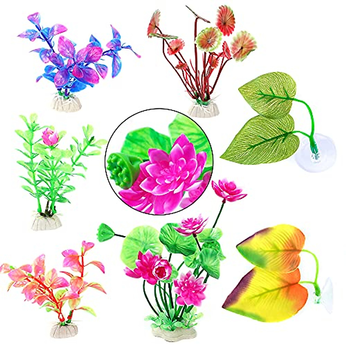 Aquazone 7 PCS Aquarium Decor Variety Pack, Bi-Leaf Betta Hammock Soft for Hiding Bubbling Snuggling Spawning Resting Spot, Aquarium Lifelike Plants, Great Valued Premium Aquarium Decoration Set
