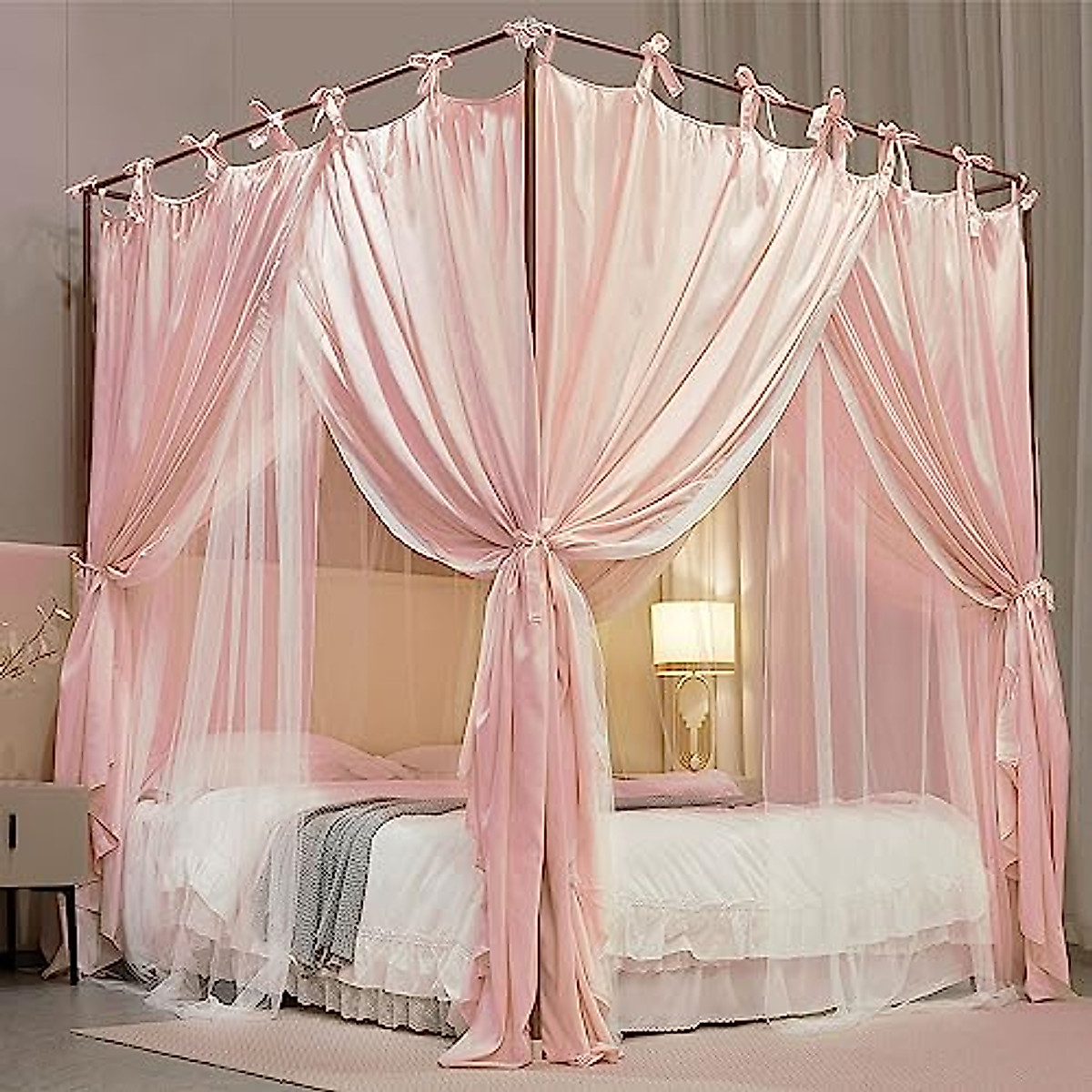 AIOOO 4 Corners Post Princess Curtain Bed Canopy Double Layer Cozy Mosquito Net Mesh and Cloth for Girls Adults Bedroom Decoration (Double-Beigepink/White, 53" W*78" L*82"*H/(Full))