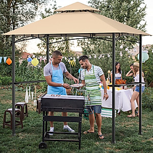 Tangkula 8x5 Ft Grill Gazebo, Double Tiered Outdoor BBQ Gazebo with 2 Side Shelves, 5 Hooks, Bottle Opener, Barbecue Grill Gazebo Shelter for Patio, Garden, Beach, Backyard (Khaki)