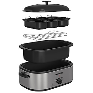 Roaster Oven 24QT, Electric Roaster Pan with 3 Compartments and Self-Basting Lid, Large Stainless Steel Electric Turkey Roaster Oven Defrost Warm Function, Removable Pan Rack, Fits Turkeys Up to 28LB