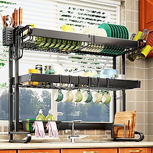 Over The Sink Dish Drying Rack, 3 Tier Adjustable Length Kitchen Counter Dish Rack Over Sink, Large Dish Drainer with Utensil Cup Holder, Black