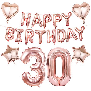 Rose Gold Happy Birthday Balloons Banner, 30th Birthday Decorations 16 Inch Mylar Foil Letters Sign Balloons Banner for Thirty Year Old Birthday Party Supplies (30th)