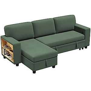Flamaker 80" Sleeper Sofa, Sofa Bed with Built-in Large Storage and 2 Bookshelves, Convertible Sectional Sofa Couch, Pull Out Couch with USB, Modern Couches for Living Room (Corduroy, Green)