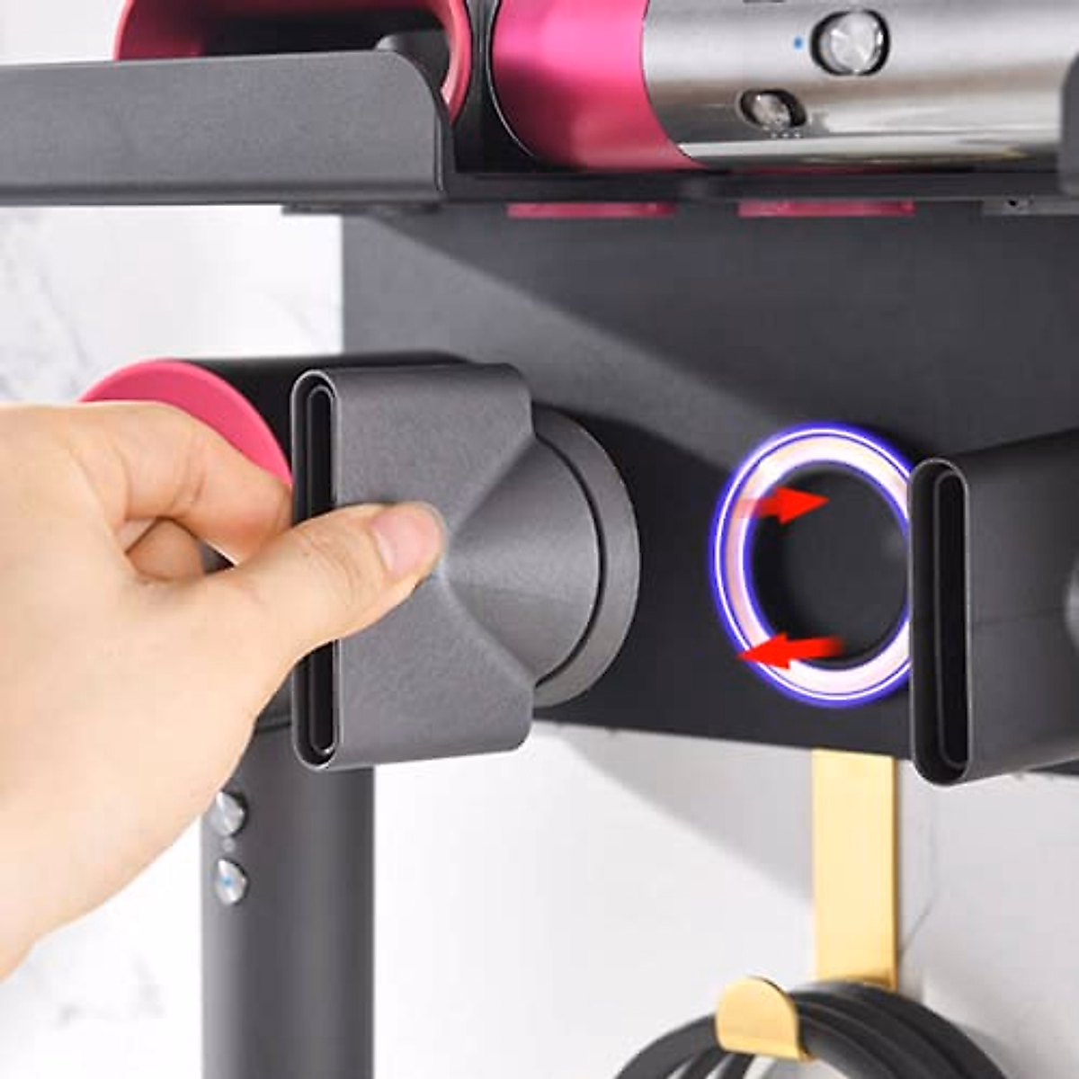 Wall Mount Holder Adhesive for Dyson Airwrap Styler Supersonic Hair Dryer, Nail-Free or Perforat to Install, Organizer Storage Rack with Hooks Steel Rings for Curling Barrels Brushes