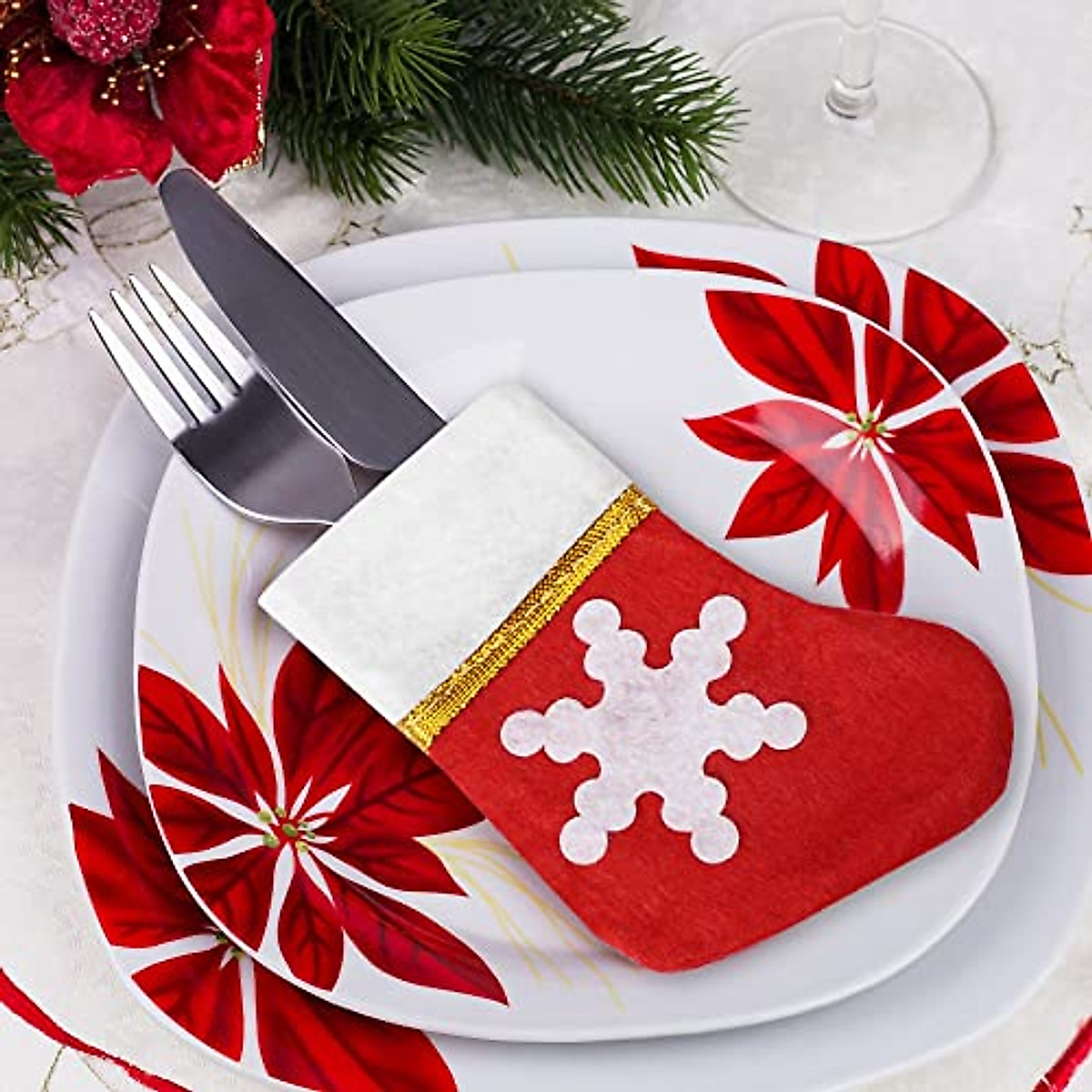 Amytalk 24 Pack Christmas Mini Stockings Tableware Holders Christmas Socks Decorations Spoon Fork Bag Candy Pouch Bag for Xmas Party Tree Dinner Table Home Ornaments