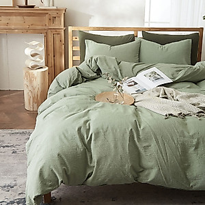 Sage Green Duvet Cover Sets King 100% Washed Cotton Men Women Bedding Set Simple Japanese Style 3 Piece with Pillow Shams, King Size