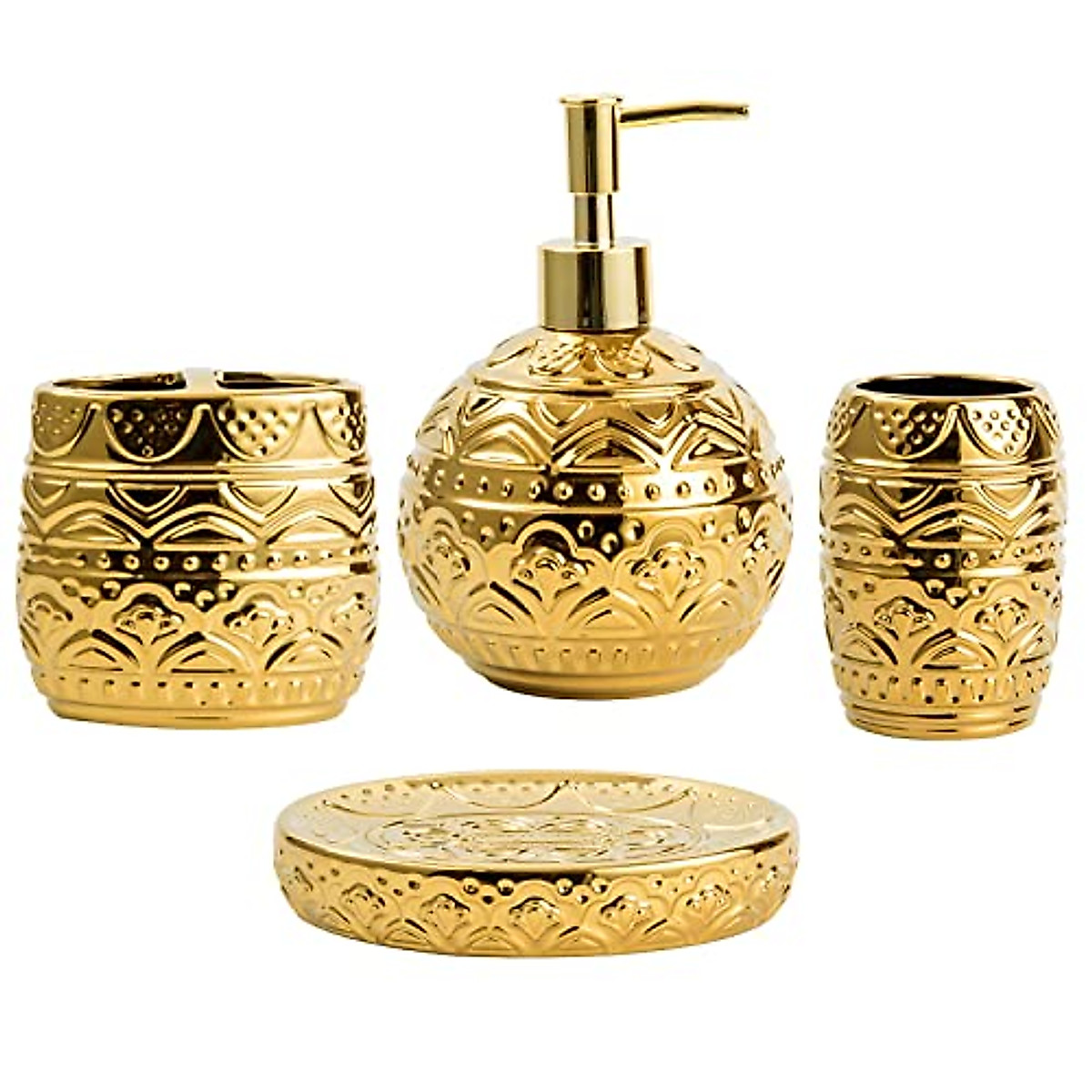 RXLVCKY Gold Bathroom Accessory Set, 5-Piece Ceramic Bathroom Decorations Accessories Sets Includes Lotion Dispenser, Toothbrush Holder Tumbler and Soap Dish