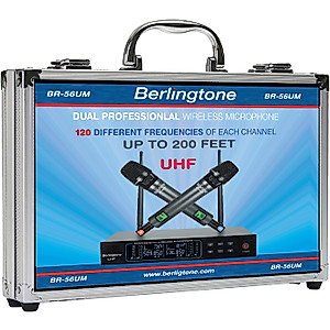 Berlingtone Wireless Microphone System, 2 Handheld Dynamic Microphones,120- Adjustable Frequency Channel, Metal case and mic for Karaoke, Meeting, Party, Church, DJ, Wedding, up 260ft Range (BR-56UM)