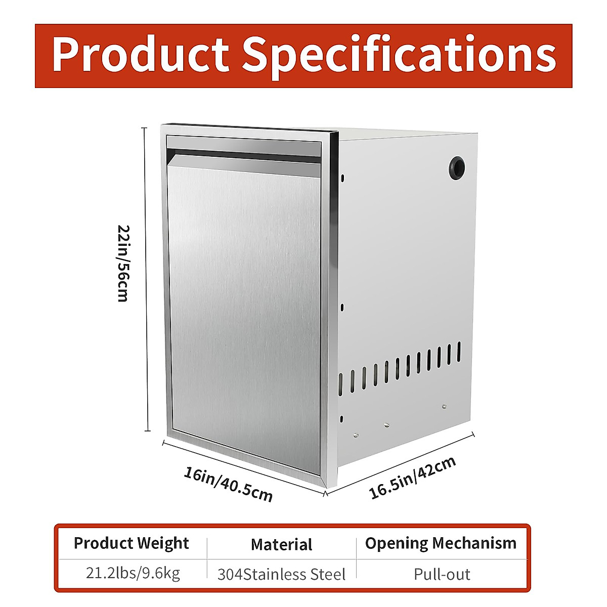 Pull Out Trash Drawer 16" Wx22 H×16.5" D Built-in Single Trash Drawer Propane Tank Drawer Stainless Steel Trash Bin for BBQ Island Grill Station