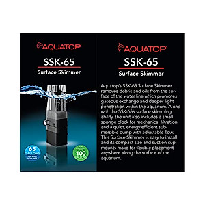 Aquatop 65 GPH Internal Surface Skimmer – for Tanks Up to 100 Gallons, Salt & Freshwater Tanks, Removes Film & Oil from Water Surface, Suction Cup Mounts for Versatile Placement, SSK-65