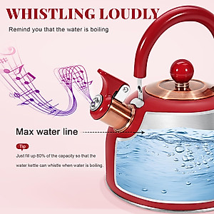 GGC 2.6QT Tea Kettle for Stove Tops, Whistling Tea Kettles for Boiling Water Coffee or Milk, Red Stainless Steel Tea Pots with Folding Handle, Thumb Design Control Kettle Outlet
