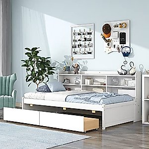 HomSof Twin Bed with Side Bookcase, Drawers,White
