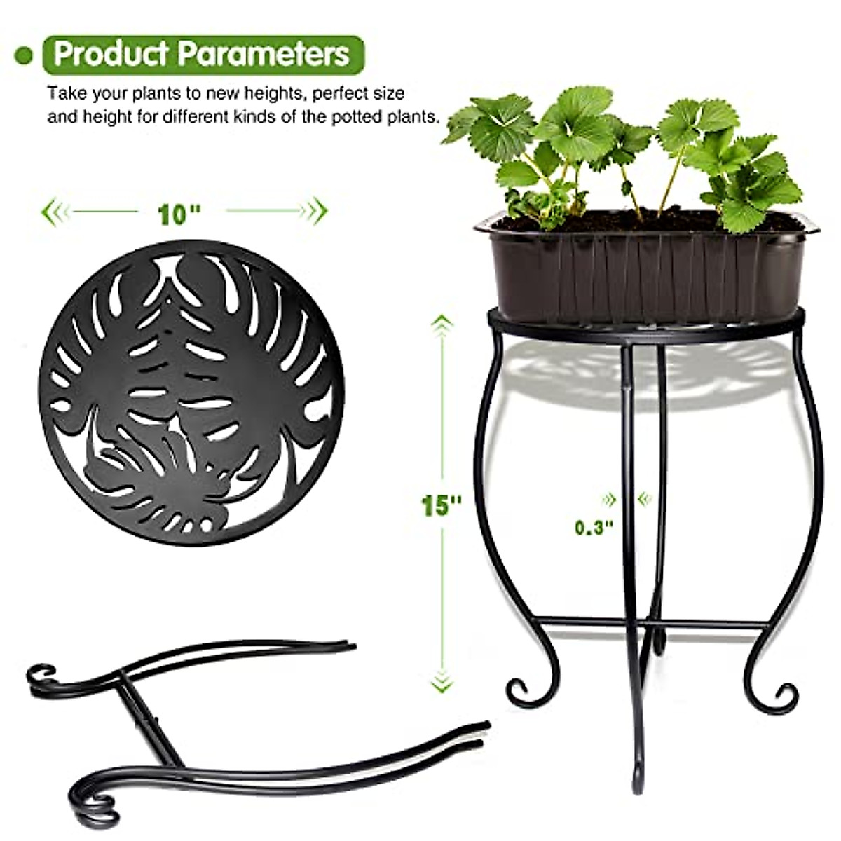 KABB 15'' Tall Plant Stand for Flower Pot, 10-inch Round Metal Plant Stand Indoor, Decorative Black Flower Pot Stand Plant Table, Rustproof Potted Holder Outdoor Plant Stands for Home Garden