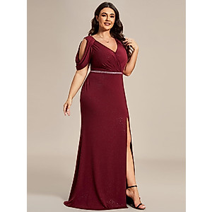 Ever-Pretty Women's Plus Size Sparkle Open Back V Neck High Slit Floor Length Formal Dresses Burgundy US16