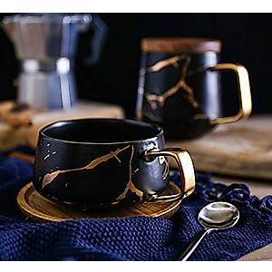 Jusalpha 10 oz Golden Hand Print Tea Cup And Saucer Set/Coffee Cup And Bamboo Saucer Set TCS19 (Black)