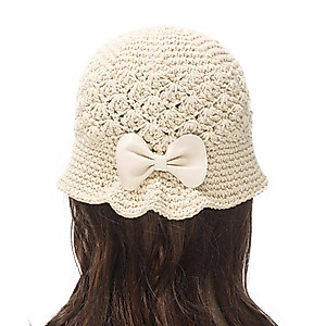 ZLYC Women Winter Crochet Bucket Hat Handmade Cotton Knit Cloche Bowler Hats (Bow Beige)
