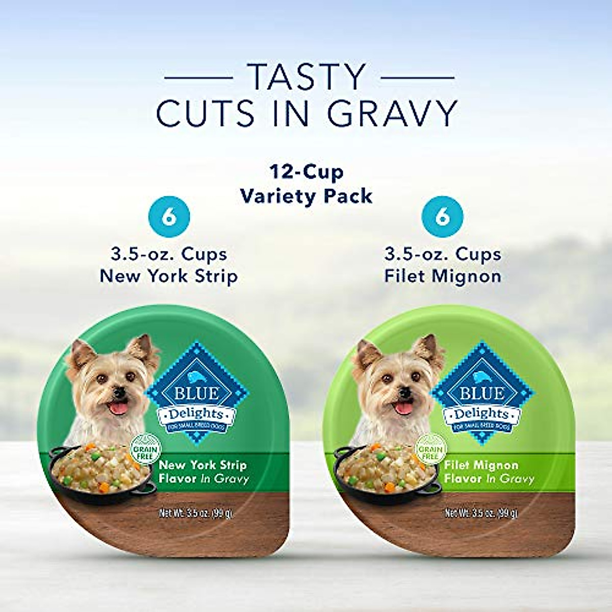 Blue Buffalo Delights Natural Adult Small Breed Wet Dog Food Cups Variety Pack, in Hearty Gravy, Filet Mignon & New York Strip 3.5-oz Cups (12 count - 6 of each Flavor)