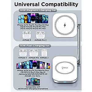 2-in-1 Foldable Magnetic Wireless Charger Stand with MagSafe Charging Station for iPhone 14 13 12 11/Pro/Pro Max/Plus/Mini/XS/XR/X/8, Samsung Phones, AirPods 3/Pro/2