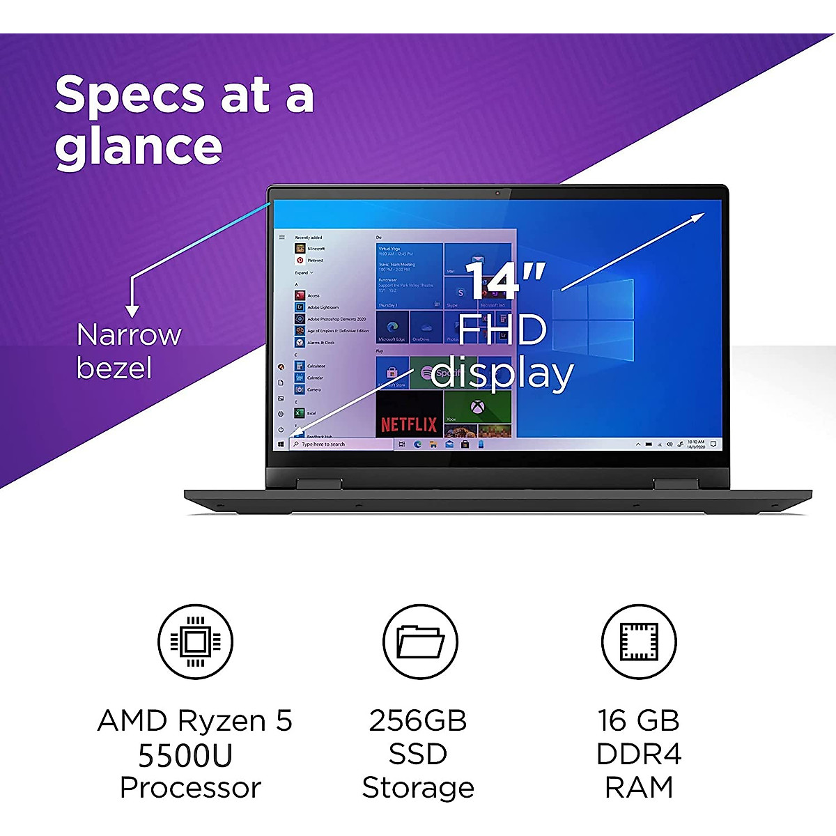 Lenovo Flex 5 14" FHD (1920 x 1080) 2-in-1 Touch Display, AMD Ryzen 5 5500U Processor, 6Cores, 16GB DDR4 RAM, 256GB NVMe SSD, AMD Radeon Graphics, Webcam, Windows 11 Home, Graphite Grey, Pen.