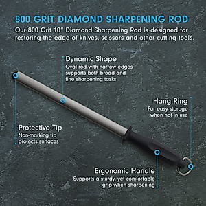 Messermeister 10” Diamond Oval Sharpening Rod - Knife Sharpener - Fast-Cutting 800 Grit Diamond Abrasive - Ergonomic Handle & Non-Marking Tip