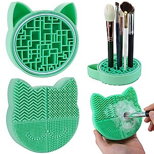 Makeup Brush Cleaner Mat-Silicone Beauty Wash Pad with Dryer Holder 2 in 1 Portable Cosmetic Tool (Green)
