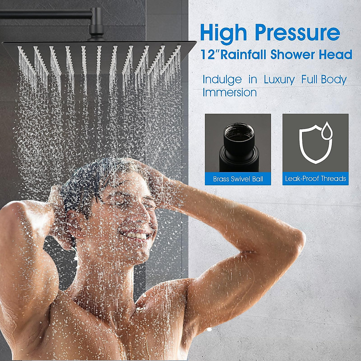 PDPBath 12" Rainfall Shower Head with Handheld Spray, Dual Rain Showerhead with High Pressure 10-Setting Wand Combo, 16" Adjustable Extension Arm Build-in 3-way Diverter, 6ft Hose -Matte Black