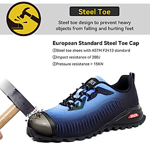 SKOKOD Steel Toe Shoes for Men Slip On Resistant Puncture Proof Safety Shoes Lightweight Breathable Tennis Warehouse Work Shoes（Black Blue 7.5）
