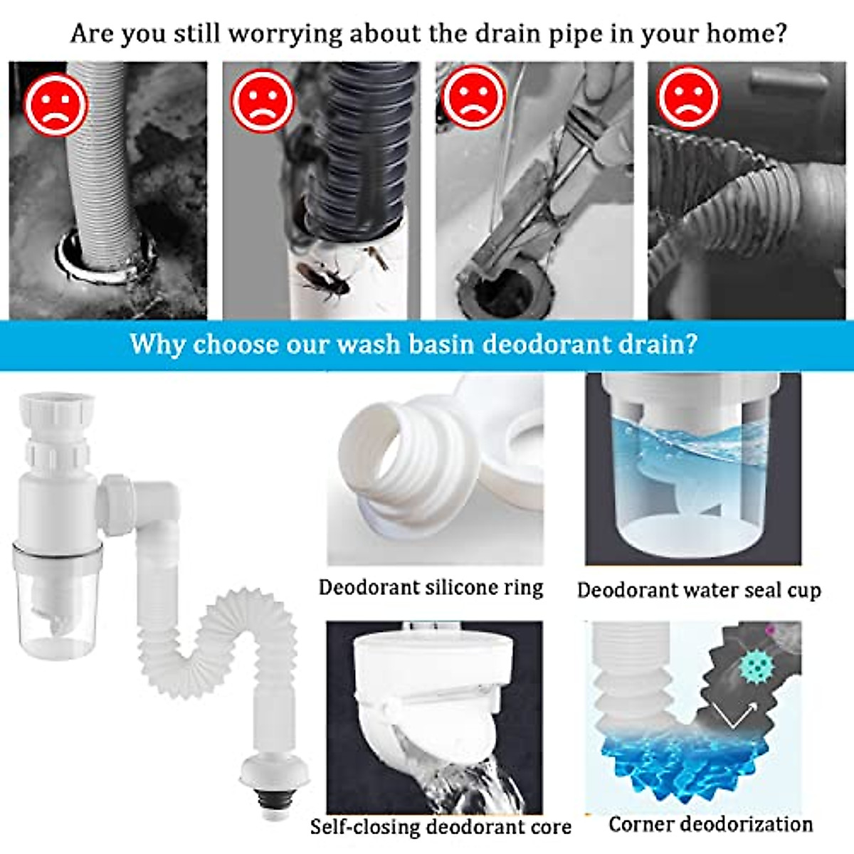 Gititrada Deodorizing Drain, Flexible Drain Fitting, Retractable 11.8-29.5 Inch Drain, 1 Rubber Seal, Flexible Tubular Retractable Drain, Sink Drain Kit for Kitchen, Bathroom, Toilet, Etc.