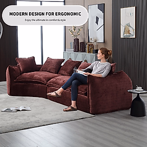 SmartEdge 125'' Modular Curved Sofa Couch, Chenille Deep Seat Sofa with 5 Pillows, Comfy 5 Seat Sofa Cloud Couch, Modular Sectional Sofa for Living Room Apartment Office, Red