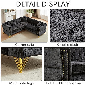 82" Oversize Chenille L-Shaped Corner Sofa,5-Seater Nailhead Trim Sectional Chesterfield Couch with 3 Cushions for Living Room, Bedroom (Black)