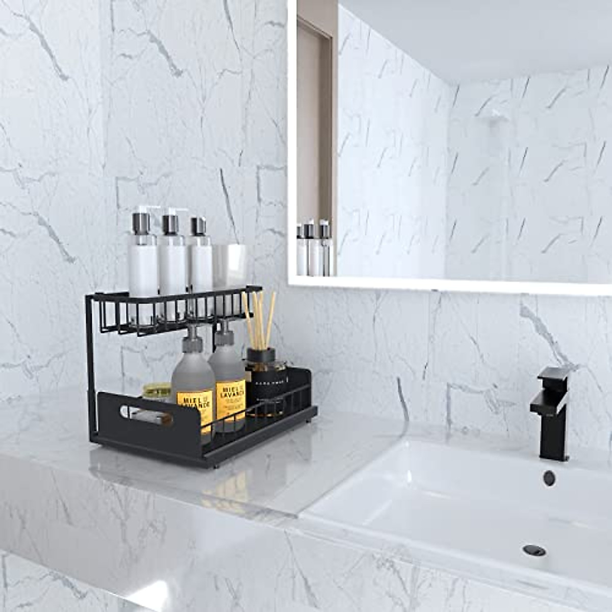 Under Sink Organizers and Storage, Bathroom Organizer Under Sink with Sliding Storage Drawer, 2-Tier Pull Out Kitchen Cabinet Sink shelf, Multi-purpose Under Sink Shelf for Bathroom Kitchen, Black