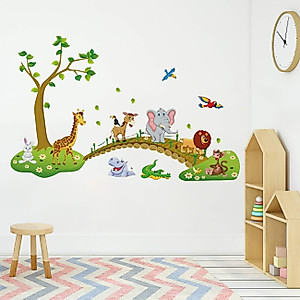 Runtoo Jungle Animals Wall Decals Monkey Elephant Giraffe Wall Art Stickers Kids Baby Nursery Playroom Home Décor