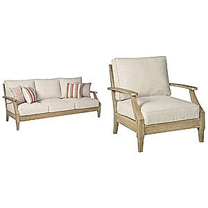 Signature Design by Ashley Clare View Coastal Outdoor Patio Eucalyptus Sofa with Cushions, Beige & Clare View Outdoor Eucalyptus Wood Single Cushioned Lounge Chair, Beige