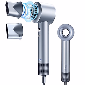 Ltian Hair Dryer Blow Dryer with 120000 RPM High-Speed Brushless Motor, 400 Million Negative Ions Thermo-Control Hairdryer with Magnetic Nozzle for Home Travel, Silver Blue