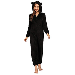 chouyatou Women's Ultra Comfy Lounge Furry Sherpa Romper Onesie Pajamas Cute Ear Hood (Large, Black)