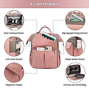 LOVEVOOK Laptop Backpack Purse for Women, 17 Inch Computer Business Stylish Backpacks, Teacher Doctor Nurse Bags for Work, Casual Daypack Backpack with USB Port, 2 Sets, Grey-pink