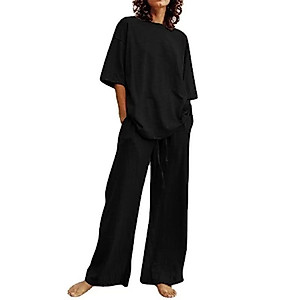Yanfoam Women's 2 Piece Casual Outfits Short Sleeve Crew Neck Shirt Wide Leg Trouser Sets Suit Black M