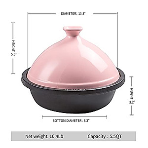 M-Cooker Tagine Pot - 5.5-Quart Moroccan Tajine with Cast Iron Base and Ceramic Cone-Shaped Lid, High-Quality Cookware- Pink