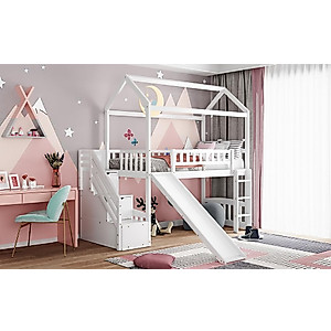 HABUHOME Twin Loft Bed with Stairway and Slide, House Bed with Two Drawers and Ladder, White
