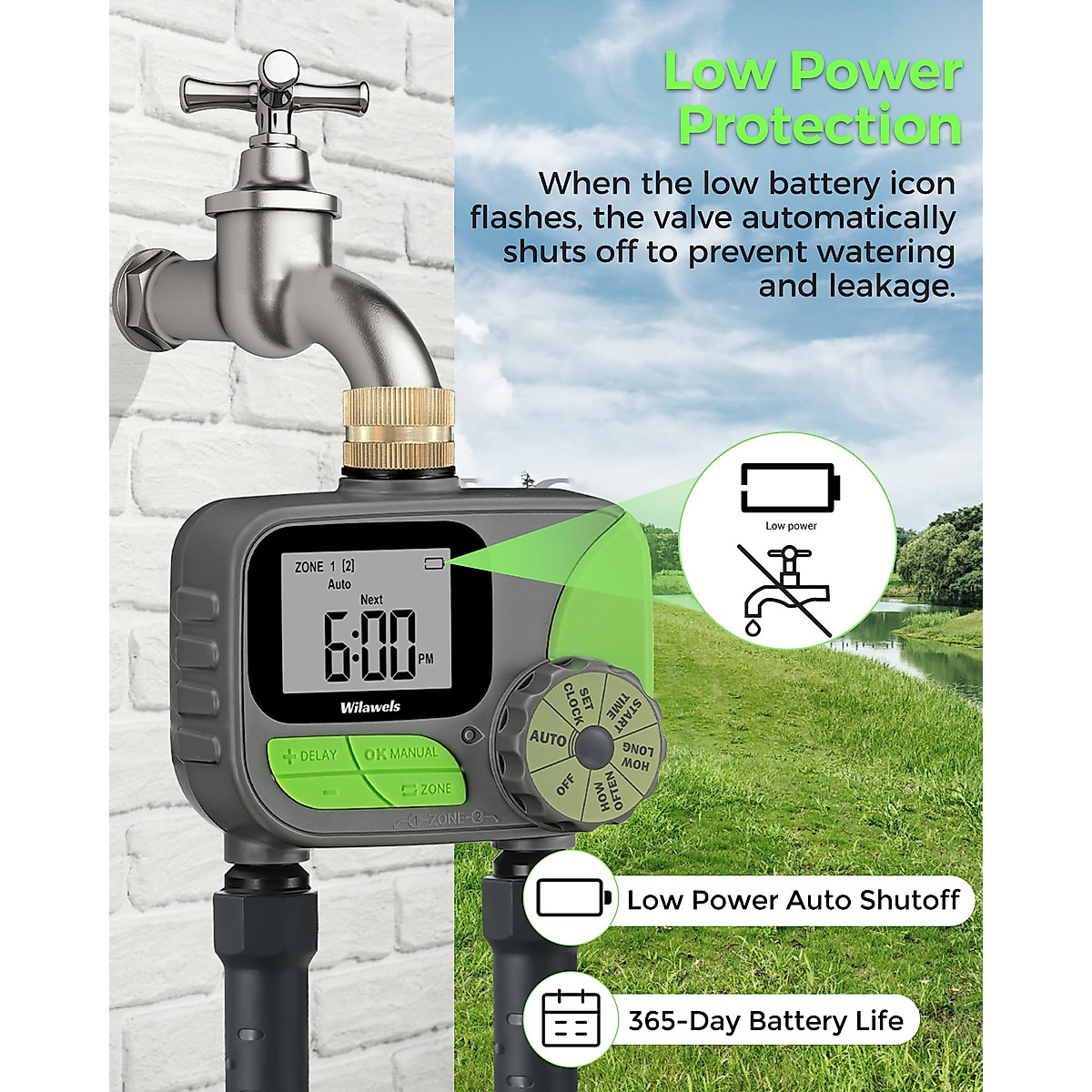 WILAWELS Brass Sprinkler Timer 2 Zone, Programmable Garden Water Timer, Automatic Irrigation Timer with Rain Delay/Manual/Auto Mode, Waterproof and Leak-Proof, for Yard, Garden, Lawn, 2 Outlet B12WT06