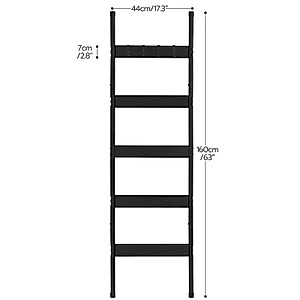 HOOBRO Blanket Ladder, 5-Tier Towel Rack with Hooks, Wall-Leaning Blanket Rack, Decorative Display Ladder Shelf, Scarves, Industrial, Living Room, Bedroom, Black BB52CJ01