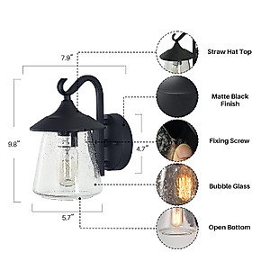 LOG BARN Outdoor Wall Light，Farmhouse Exterior Lantern in Black with Seeded Glass for Porch Barn A03356, 1-Light Light