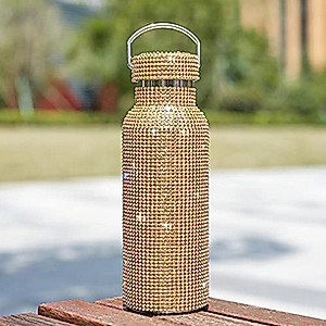 QIANSHENG Bling Diamond Water Bottle Sparkling Glitter Stainless Steel Thermos Bottle Vacuum Flask for Women Refillable Insulated Water Bottle with Chain & Gift Box (Gold,350ml)