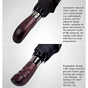 Balios Prestige Travel Umbrella Real Wood Handle Auto Open Close Vented Windproof Canopy Black