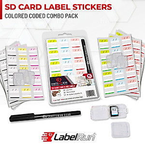 CGI Color (6) Coded Self Adhesive 120 SD Card Labels, 6 Cases, Felt Pen & Container Made in USA Removable Smudge Residue Free Writable Water Fade Resistant Stickers to Organize Memory Cards
