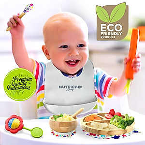 NutriChef Round Bamboo Baby Plate, Star Set with Bib