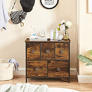 VECELO Bedroom with 5 Chest of Drawers for Living Room, Nursery, Entryway, Fabric Furniture Clothes Storage Tower with Steel, Wood Top, Small Dresser, Brown